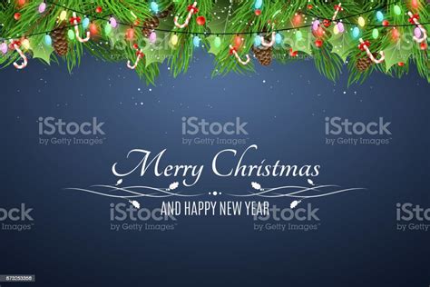 크리스마스 배경입니다 여러 가지 빛깔된 깜박이 화 환 진한 파란색 배경에 전나무 나무의 눈 덮인 열매 활과 막대 사탕입니다 떨어지는 눈 새해 복 많이 받으세요 벡터 일러스트