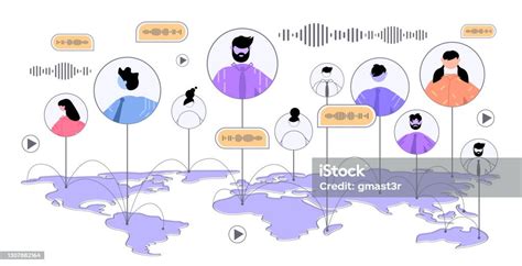 음성 메시지 오디오 채팅 응용 프로그램 소셜 미디어 글로벌 커뮤니케이션으로 통신 하는 세계지도에 사람들 가공의 인물에 대한 스톡