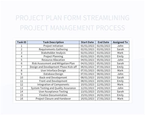 Project Plan Form Streamlining Project Management Process Excel