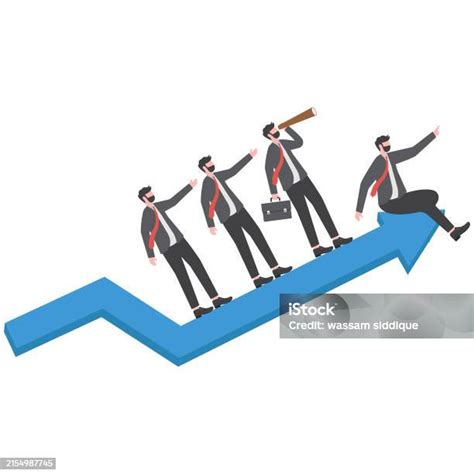 화살표 그래프에 사업가 팀의 그림 팀 리더는 망원경을 가지고 팀을 성공으로 이끌고 있습니다 개념에 대한 스톡 벡터 아트 및 기타