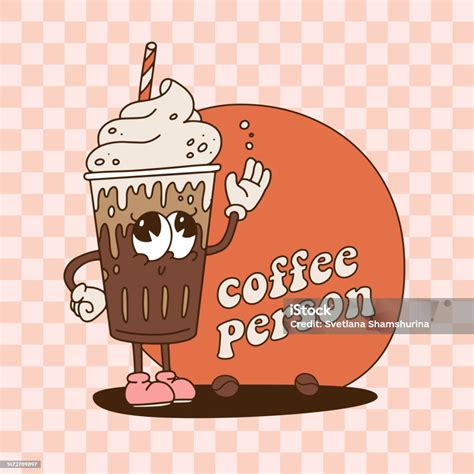 그루비 복고풍 만화 커피 사람 배너 템플릿입니다 크림이 든 플라스틱 또는 유리 컵에 담긴 70년대 빈티지 커피 마스코트 벡터 윤곽선 그림입니다 60 년대 향수를 불러