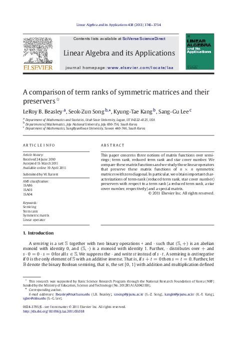 Pdf A Comparison Of Term Ranks Of Symmetric Matrices And Their Preservers