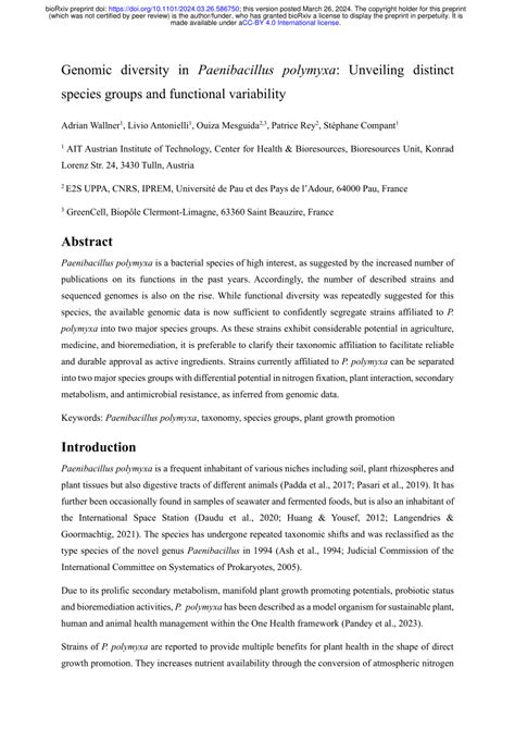 Pdf Genomic Diversity In Paenibacillus Polymyxa Unveiling Distinct