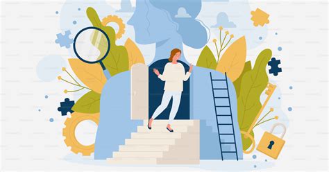 발달 업무 및 의사 소통의 진행을 위한 자유와 정신 건강 만화 여자는 추상적인 성격 플랫 벡터 삽화 안에 열린 문 근처에 서 있다 심리학 성공 개념 사진