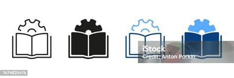 테크니컬 가이드 북과 컬러 픽토그램 고객 가이드 기술 문서 사용자 설명서 문서 라인 및 실루엣 아이콘 세트 책 및 기어 기호