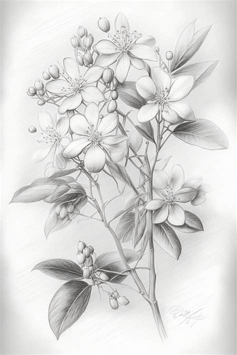 Jasmin Flowers Pencil Sketch Botanical Art Floral Fine Art Nature Illustration Black And