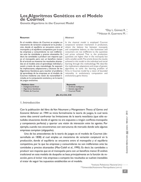 PDF Los Algoritmos Genéticos en el Modelo de Cournot Genetic
