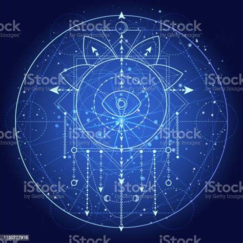 추상적인 배경에 신비 기호 로터스의 벡터 일러스트 레이 션 선으로 그려진 기하학적 기호입니다 블루 색상입니다 Freemasons에 대한 스톡 벡터 아트 및 기타 이미지