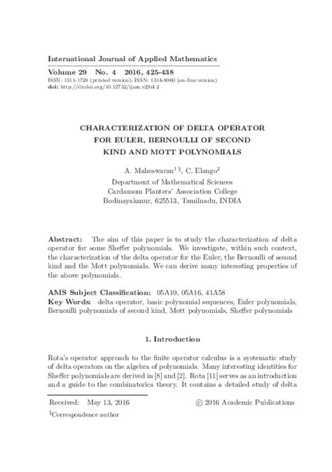 Pdf Characterization Of Delta Operator For Euler Bernoulli Of Second Kind And Mott Polynomials