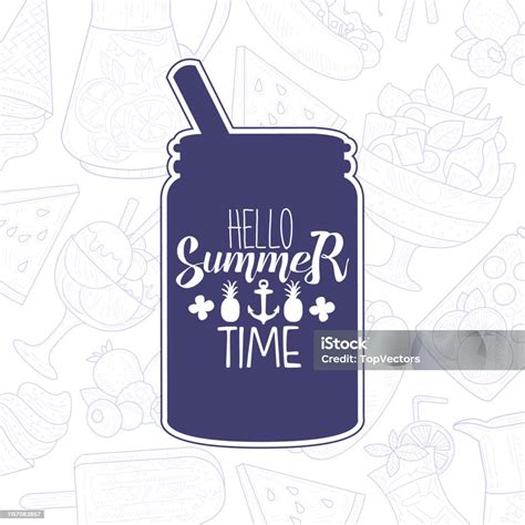 메이슨 항아리 영감 포스터 배너 카드 초대장 로고 라벨 벡터 일러스트레이트에서 레모네이드 음료와 함께 안녕하세요 여름 레터링 개념에 대한 스톡 벡터 아트 및 기타 이미지