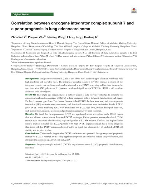 Pdf Correlation Between Oncogene Integrator Complex Subunit 7 And A