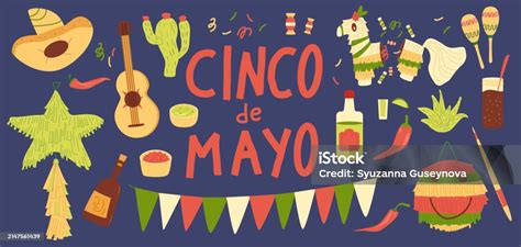 Cinco De Mayo 세트 요소 손으로 그린 글자 텍스트와 피냐타 기타와 마라카스 전통 요리 멕시코 축제 컬렉션입니다 벡터 일러스트 레이 션입니다 5월에 대한 스톡 벡터