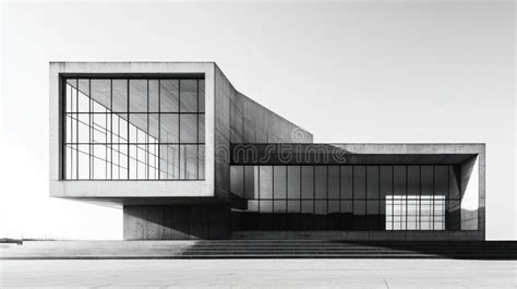 Modernist Concrete Building With Large Glass Windows And Geometric Shapes Showcasing Bauhaus