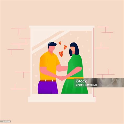 남자와 여자는 함께 시간을 보내고 벽돌 벽과 열린 창에서 부부 행복한 가족 휴식 춤 음악을 들을 수 있습니다 남편과 아내 이야기 로맨틱 한 관계의 벡터 일러스트 아파트에
