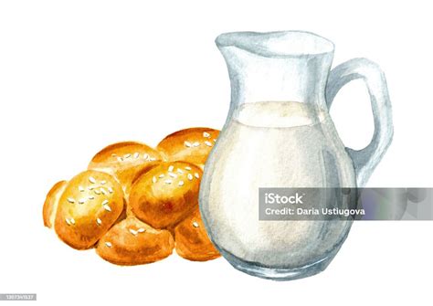 빵과 우유 유대인 휴가 샤부트의 상징 흰색 배경에 격리 된 수채화 손 그린 그림 Shavuot에 대한 스톡 벡터 아트 및 기타