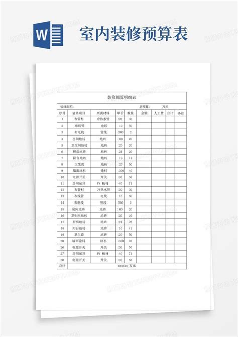 装修预算明细表word模板下载 编号qwmzzojy 熊猫办公