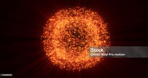 입자에서 빛나는 밝은 아름다운 축제 불꽃놀이의 밝은 주황색 빛나는 구체 공의 추상적인 배경 3차원 형태에 대한 스톡 벡터 아트 및 기타 이미지 3차원 형태 원자