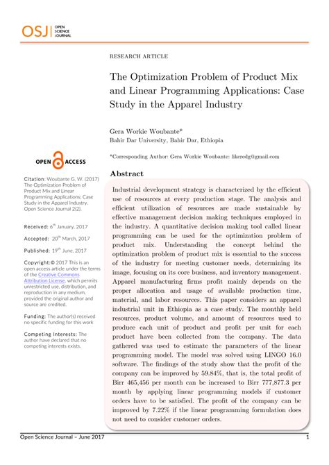 pdf the optimization problem of product mix and linear programming