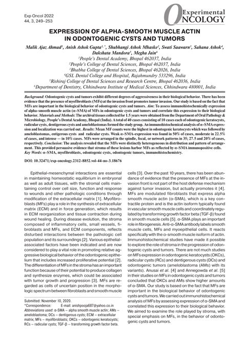 Pdf Expression Of Alpha Smooth Muscle Actin In Odontogenic Cysts And Tumors