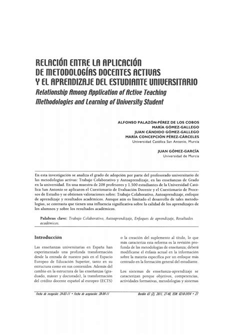 Pdf Relationship Among Application Of Active Teaching Methodologies And Learning Of University