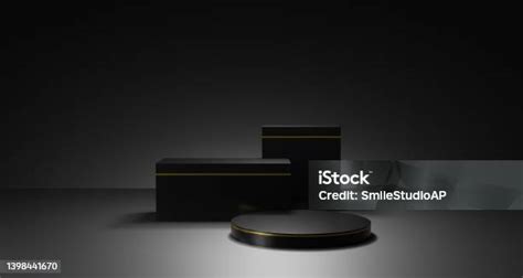 그림자와 조명이있는 검은 색과 금색의 기하학적 단계 플랫폼 받침대 연단이있는 3d 추상 스튜디오 룸 화장품 시연을위한 고급 최소한의 장면 쇼케이스 3d 렌더링 0명에 대한