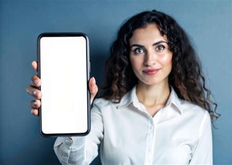 A Young Woman Is Holding A Mobile Phone And Showing A Blank White Screen Premium Ai Generated