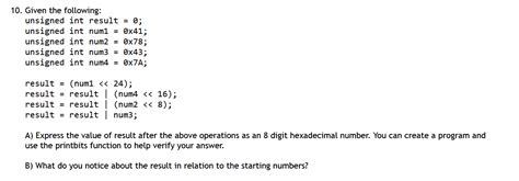 solved 0 given the following unsigned int result 0