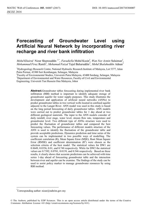 Pdf Forecasting Of Groundwater Level Using Artificial Neural Network By Incorporating River