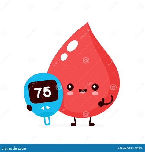 Cute Happy Blood Drop With Glucose Measuring Stock Illustration