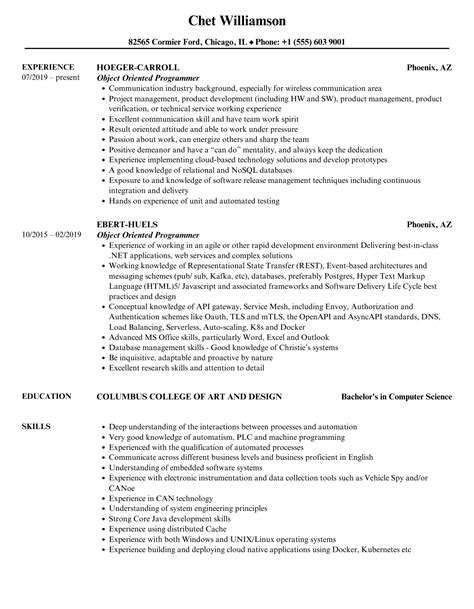 Object Oriented Programmer Resume Samples Velvet Jobs