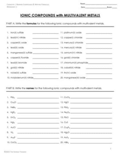 Multivalent Ionic Compounds Worksheet By The Science Toolbox Tpt