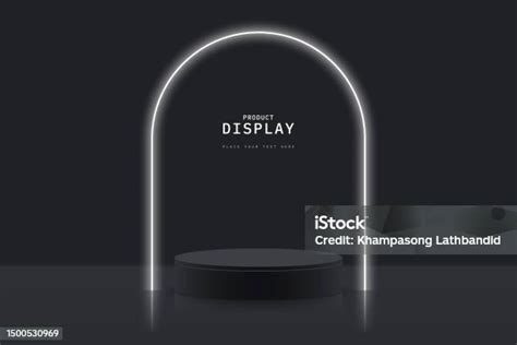 추상적이고 깨끗한 빈 스튜디오 룸 빛나는 아치 모양으로 사실적인 검은색 3d 실린더 연단 받침대 모형을 위한 최소한의 장면 쇼케이스를 위한 3d 무대 3d 벡터 기하학적