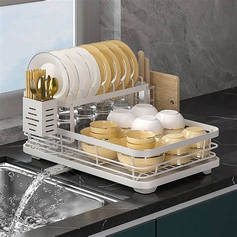 Odorstt2 Tier White Dish Drying Rack With Removable Drainage Moisture