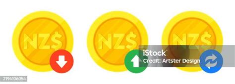 뉴질랜드 달러 금화 세트 증가 감소 거래에 대한 화살표 금융 통화 변동 Nz Nzd 교환 개념 흰색 배경에 고립 된 평면 벡터
