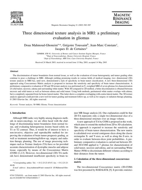 Pdf Three Dimensional Texture Analysis In Mri A Preliminary Evaluation In Gliomas
