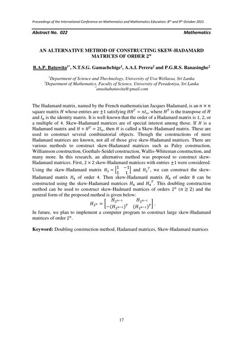 Pdf An Alternative Method Of Constructing Skew Hadamard Matrices Of Order