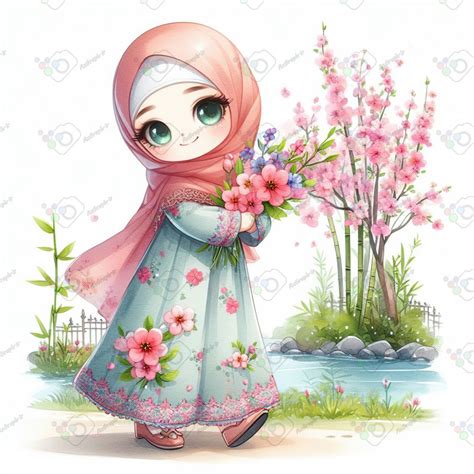 بک گراند کودکانه دختر ناز با حجاب با دسته گل در حال قدم زدن در باغ کد