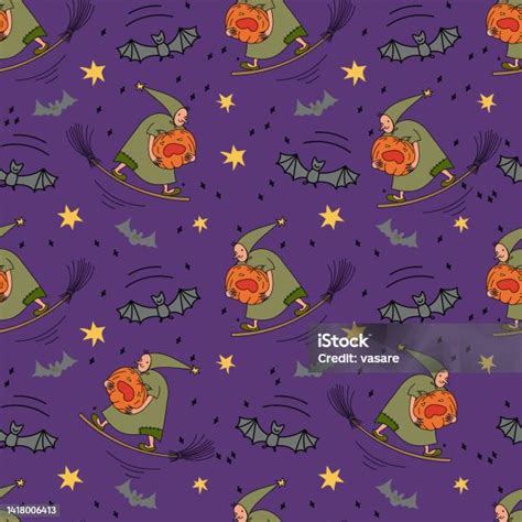 빗자루에 날아 다니는 마녀 할로윈을위한 마녀와 박쥐가있는 완벽한 패턴 10월에 대한 스톡 벡터 아트 및 기타 이미지 10월