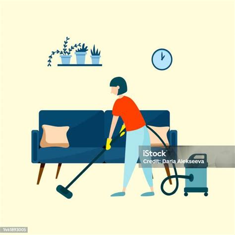 가사 노동을 하는 젊은 여성 진공 청소기로 소파 아래 바닥 카펫을 청소 일상 주말 집안일 가사 집안일에 대한 스톡 벡터 아트 및 기타 이미지 Istock