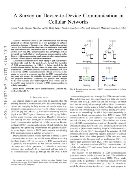 Pdf A Survey On Device To Device Communication In Cellular Networks