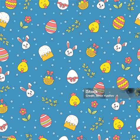 토끼 케이크 달걀 꽃 가지 푸른 배경에 닭고기와 행복 부활절 원활한 패턴 인사말 카드 벡터 아이콘 선물 포장지 및 벽지 벡터 일러스트레이션 개체 그룹에 대한 스톡 벡터 아트