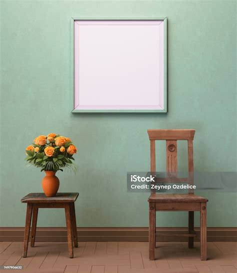 포스터와 제품 진열장 및 복사 공간을 위한 녹색 내부 방의 벽에 있는 녹색 색상의 정사각형 그림 프레임 3d 렌더링 0명에 대한 스톡 사진 및 기타 이미지 Istock