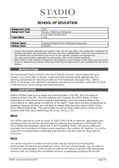 Lea301 Ss2 2024 1 Assignment Essay And Resource On Fal Listening