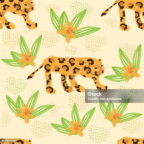 화려한 정글 완벽 한 패턴플라밍고 호랑이 기린 표범과 열 대 잎 배경 화면 선물 종이 칠보 직물 인쇄물에 대 한 종이 컷 효과 도면 0명에 대한 스톡 벡터 아트 및 기타