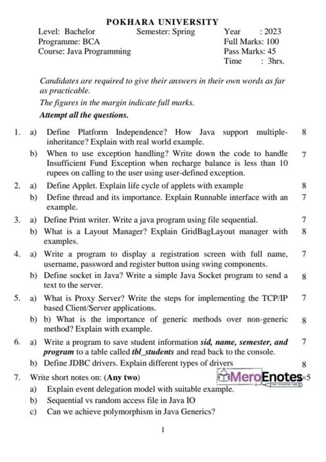 Pokhara University Pu Bca Java Programming Question Paper 5th Semester