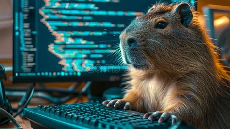 Capybara Working On Computer With Coding Background Stock Illustration