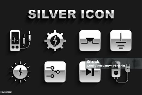 전자 회로 전기 기호 접지 확장 다이오드 태양 에너지 패널 부저 암페어 미터 멀티 미터 및 기어 및 번개 아이콘에서 스위치를