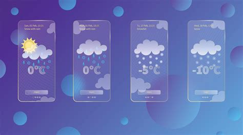 Set Of 3d Glassmorphism Weather Forecast App Template Interface Design Kit Winter Meteo Icons