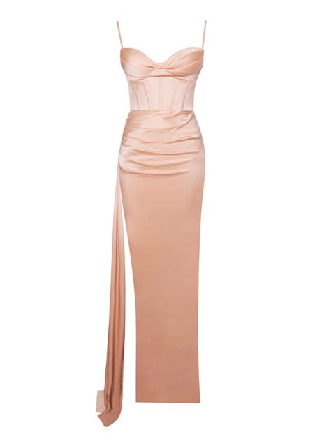 Elayna Blush Strappy Satin Corset High Slit Gown Miss Circle