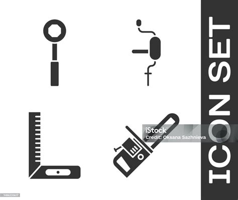전기톱 렌치 스패너 코너 눈금자 및 핸드 드릴 아이콘을 설정합니다 벡터 각도에 대한 스톡 벡터 아트 및 기타 이미지 각도 건설 기계류 건설 산업 Istock
